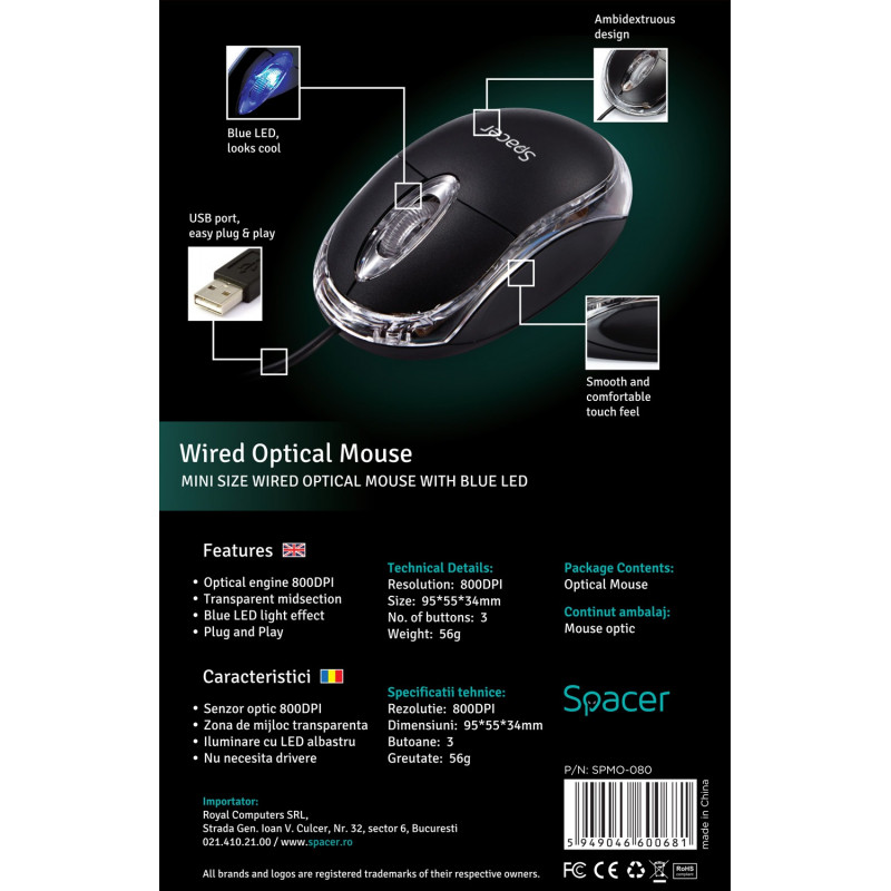 MOUSE SPACER USB optic, 800dpi, 3 butoane, 1 rotita scroll, black